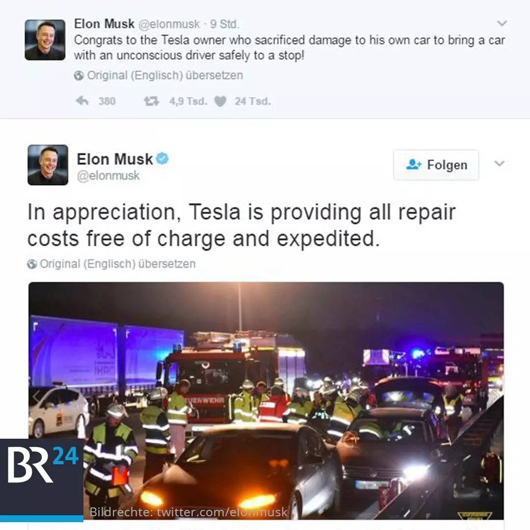 Tesla ap peye reparasyon an nan machin nan elektrik, chofè a nan ki sove lavi moun