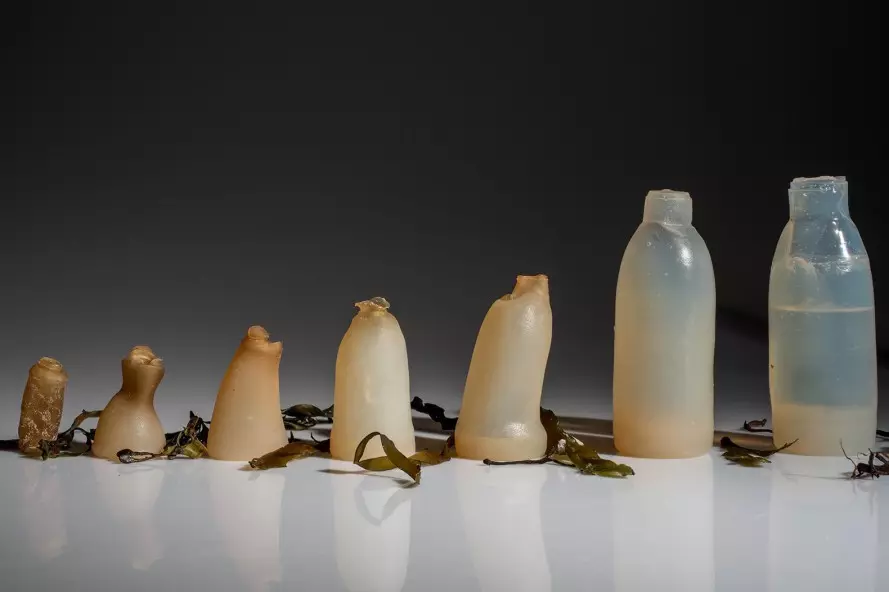 Biodedagdable Algae Flaschen - gréng Alternativ Plastik. Facenapla.net Läscht Ökologie Neiegkeeten