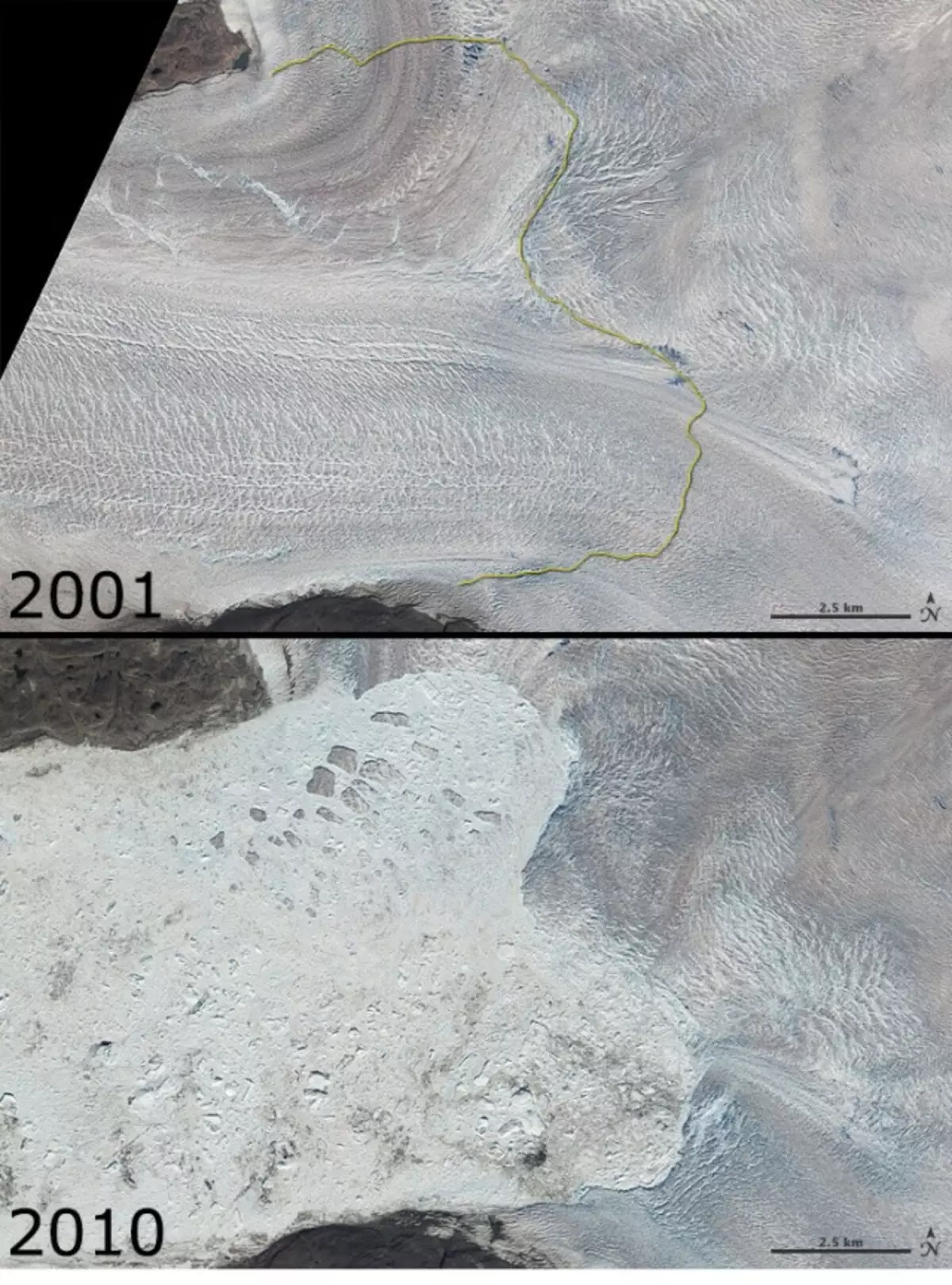 Tomara gerdûnî ya jacobshavna. Wêneyên Satellite 2001 û 2010