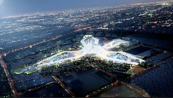Tre huvudexpo-2020 paviljonger kommer att stiga över sanden på torget i 1082 hektar på sydvästra utkanten av Dubai i Jebel Ali