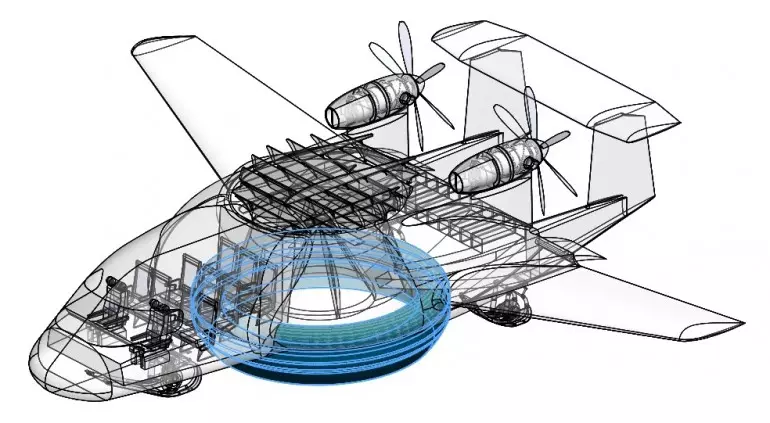 两个带有面向尾部的螺旋桨的两个发动机安装在壳体后面，其中隐藏了类似直升机螺钉的水平转子。