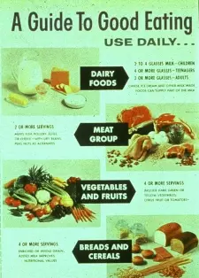 Tidlig USDA Nutrition Guide, som viser kjøttgruppen i forgrunnen