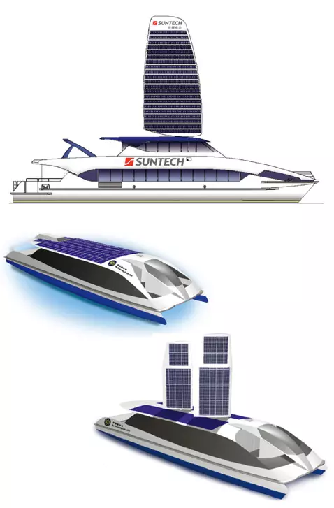 Phezulu: i-hanny hybrid Ferry Suntech VIP, eyakhelwe iShanghai. Ngezansi: Imodeli ye-Sun Ferry yeHong Kong (ukuguqulwa okubili) (Imifanekiso yamatilosi aseSolar)